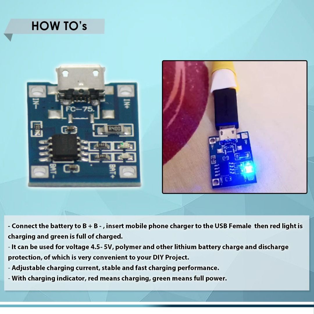 LITIUM BATTERY CHARGING MODULE TP4056 MICRO FC-75, CHARGING BOARD 5V w ...