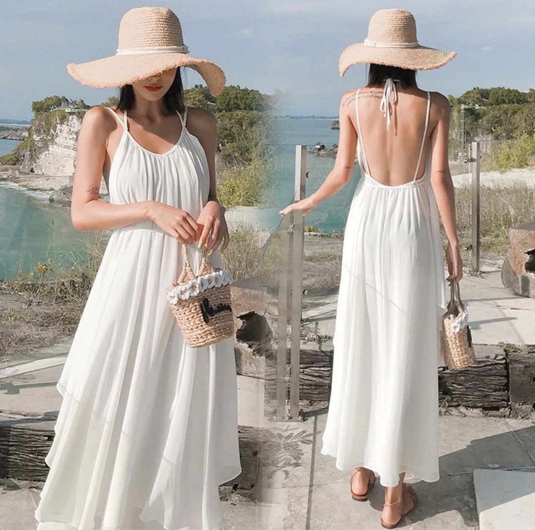 Sexy Backless Chiffon Long Dresses Summer Spaghetti Strap Loose White ...