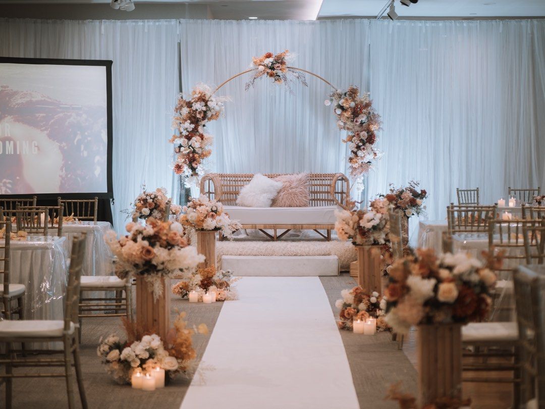 Void deck / Event hall wedding dais rustic, tiffany chairs and table ...