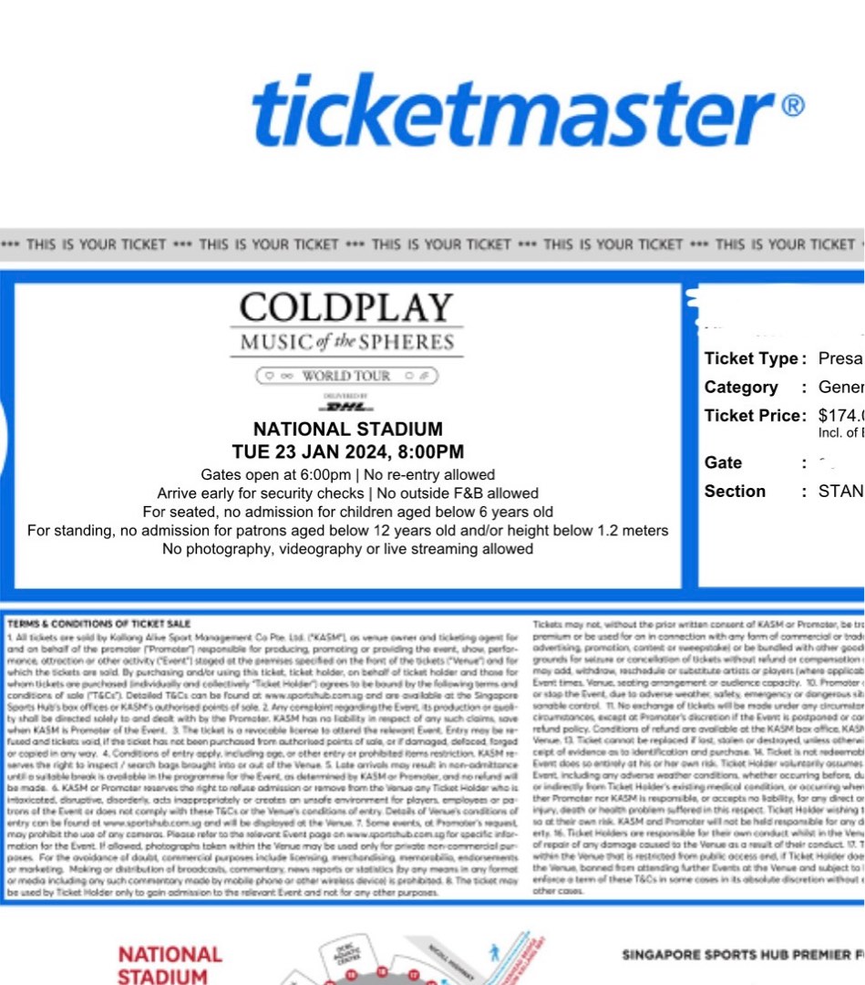 WTS COLDPLAY TICKET IN SG ( Standing zone ), Tickets & Vouchers, Event ...