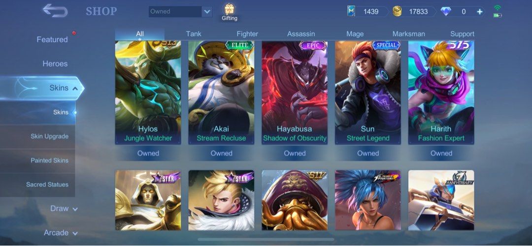 130 SKINS, 10 EPIC SKINS, EPIC LIMITED CHOU, HAYABUSA, KAGURA, M-WORLD ...