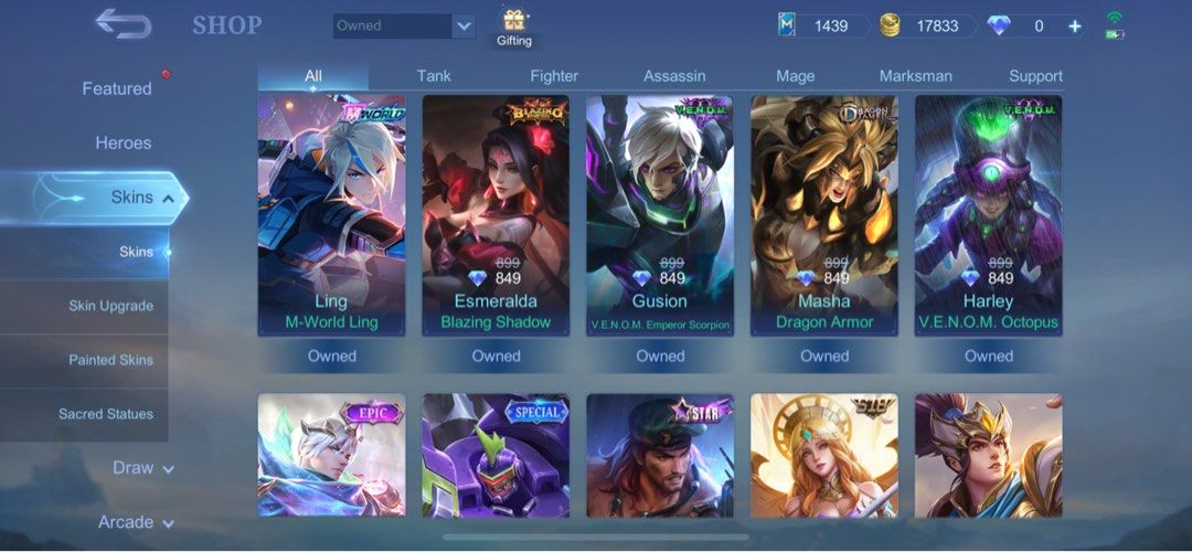 130 SKINS, 10 EPIC SKINS, EPIC LIMITED CHOU, HAYABUSA, KAGURA, M-WORLD ...