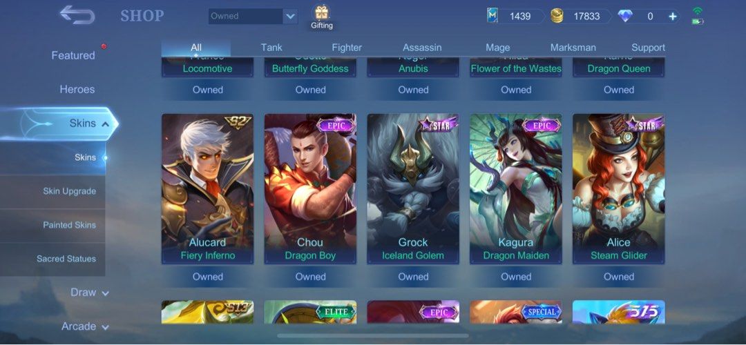130 SKINS, 10 EPIC SKINS, EPIC LIMITED CHOU, HAYABUSA, KAGURA, M-WORLD ...