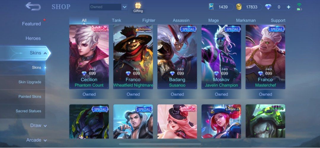 130 SKINS, 10 EPIC SKINS, EPIC LIMITED CHOU, HAYABUSA, KAGURA, M-WORLD ...
