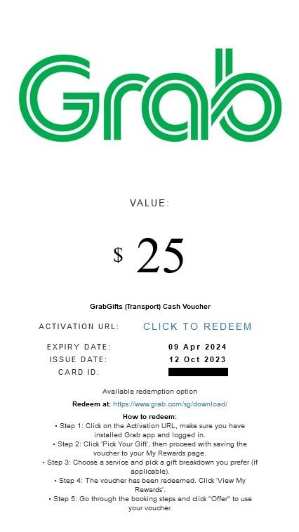 $25 Grab E-Gift Card, Video Gaming, Gaming Accessories, Game Gift Cards ...