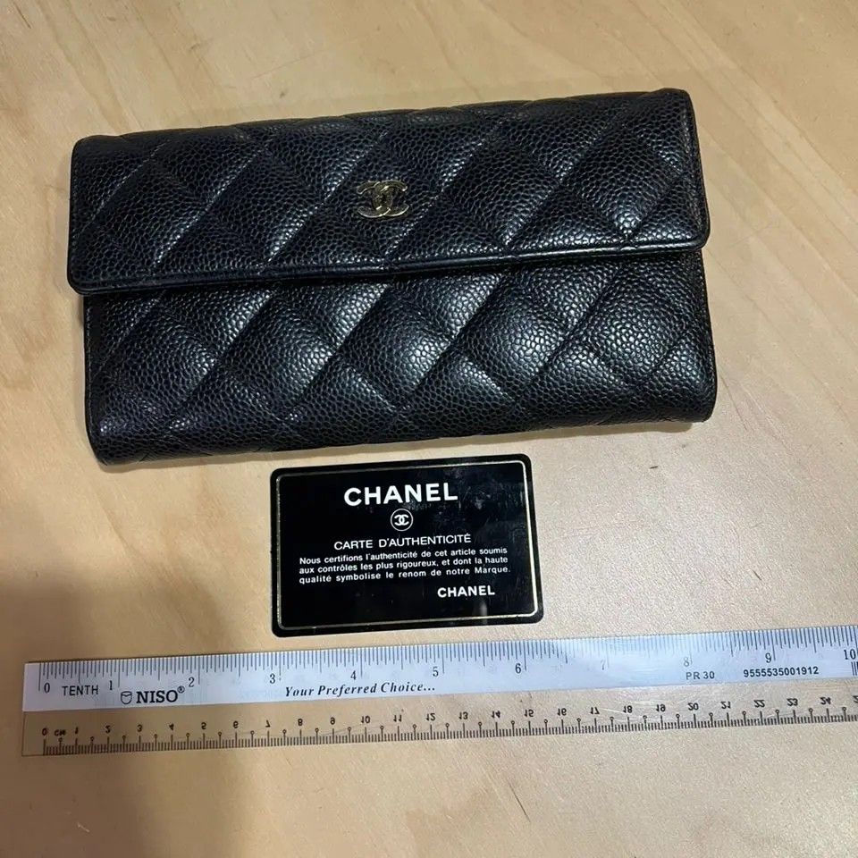 AUTHENTIC CHANEL BLACK CAVIAR LEATHER LONG WALLET - HOLOGRAM STICKER ...