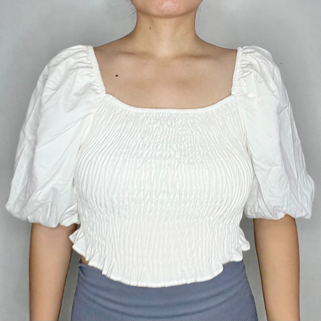 Bangkok White Smocked Puff Top, Women's Fashion, Tops, Blouses on Carousell
