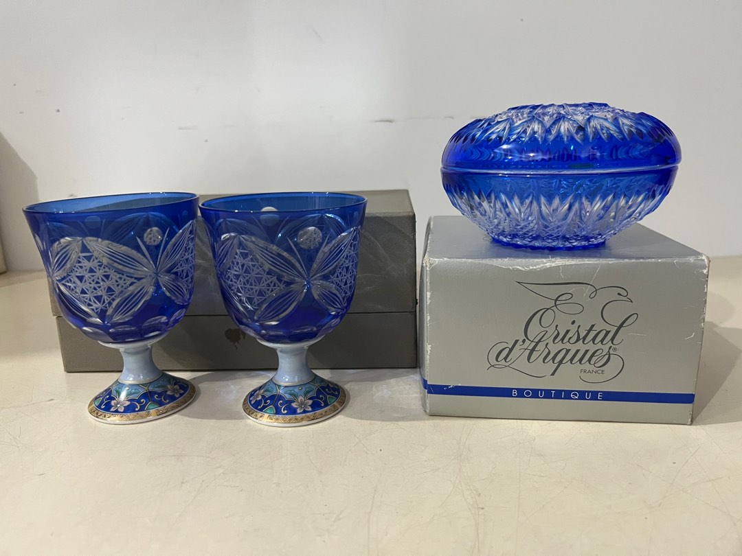 Blue cystal set goblet & jewelry box, Furniture & Home Living ...