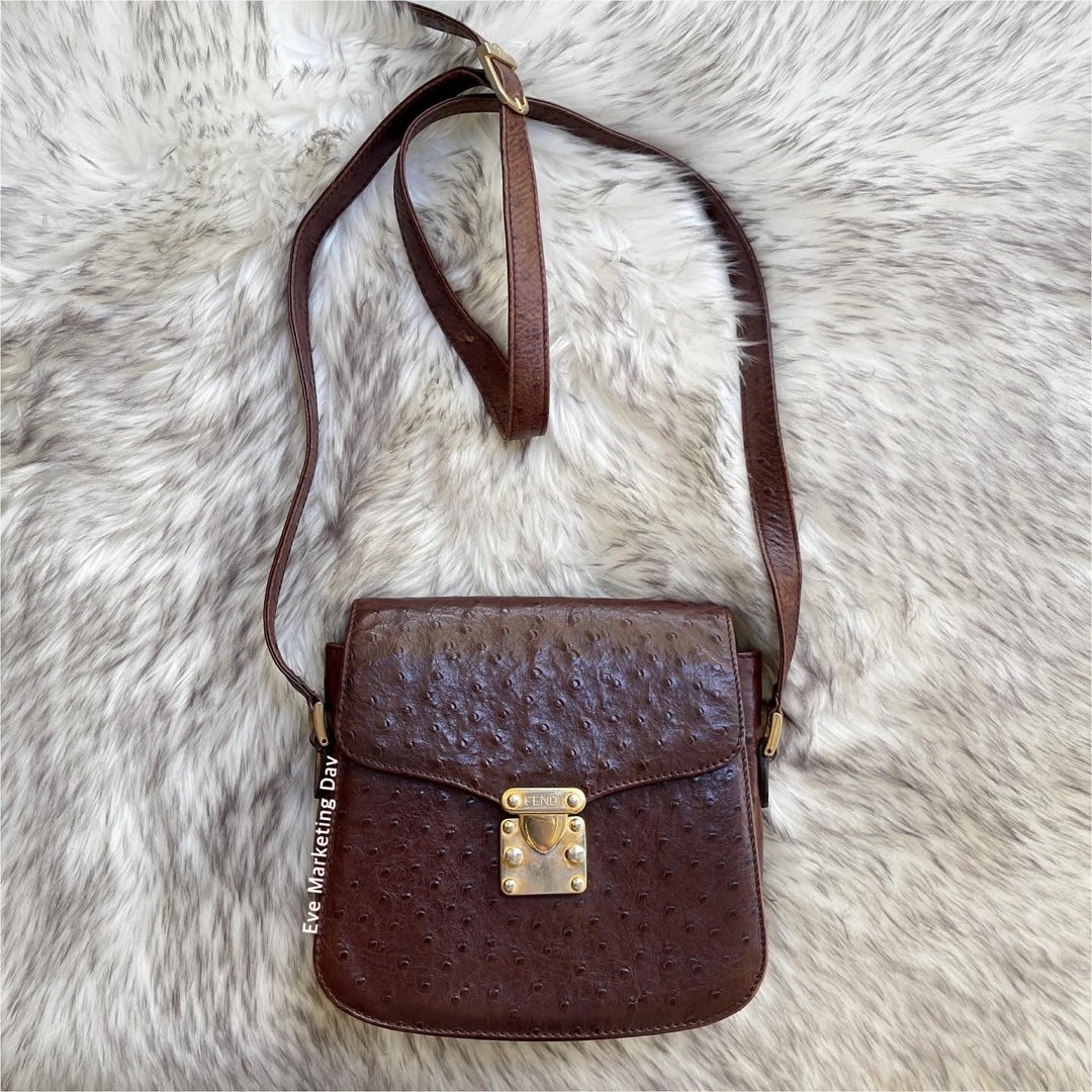 Fendi SAS Vintage Brown Genuine Ostrich Small Crossbody, Luxury, Bags ...