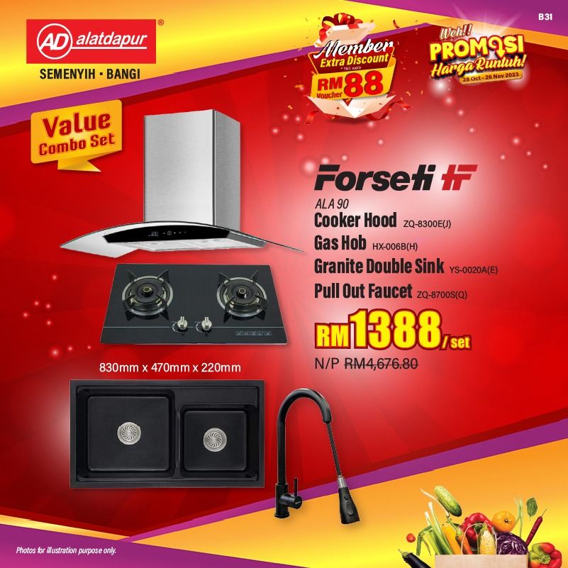 Forseti ALA 90 Cooker Hood+Gas Hob+Granite Double Sink+Pull Out Faucet ...