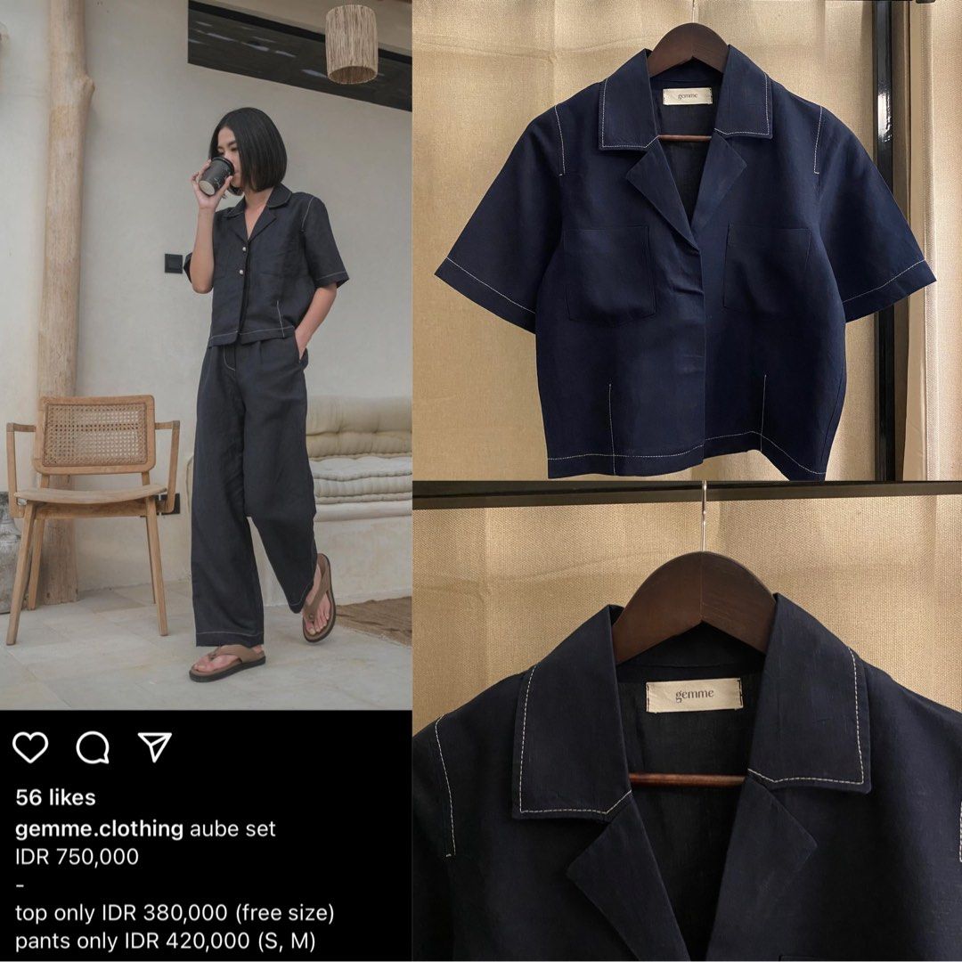 Gemme linen stitch hidden button boxy shirt - navy/dark blue, Fesyen ...