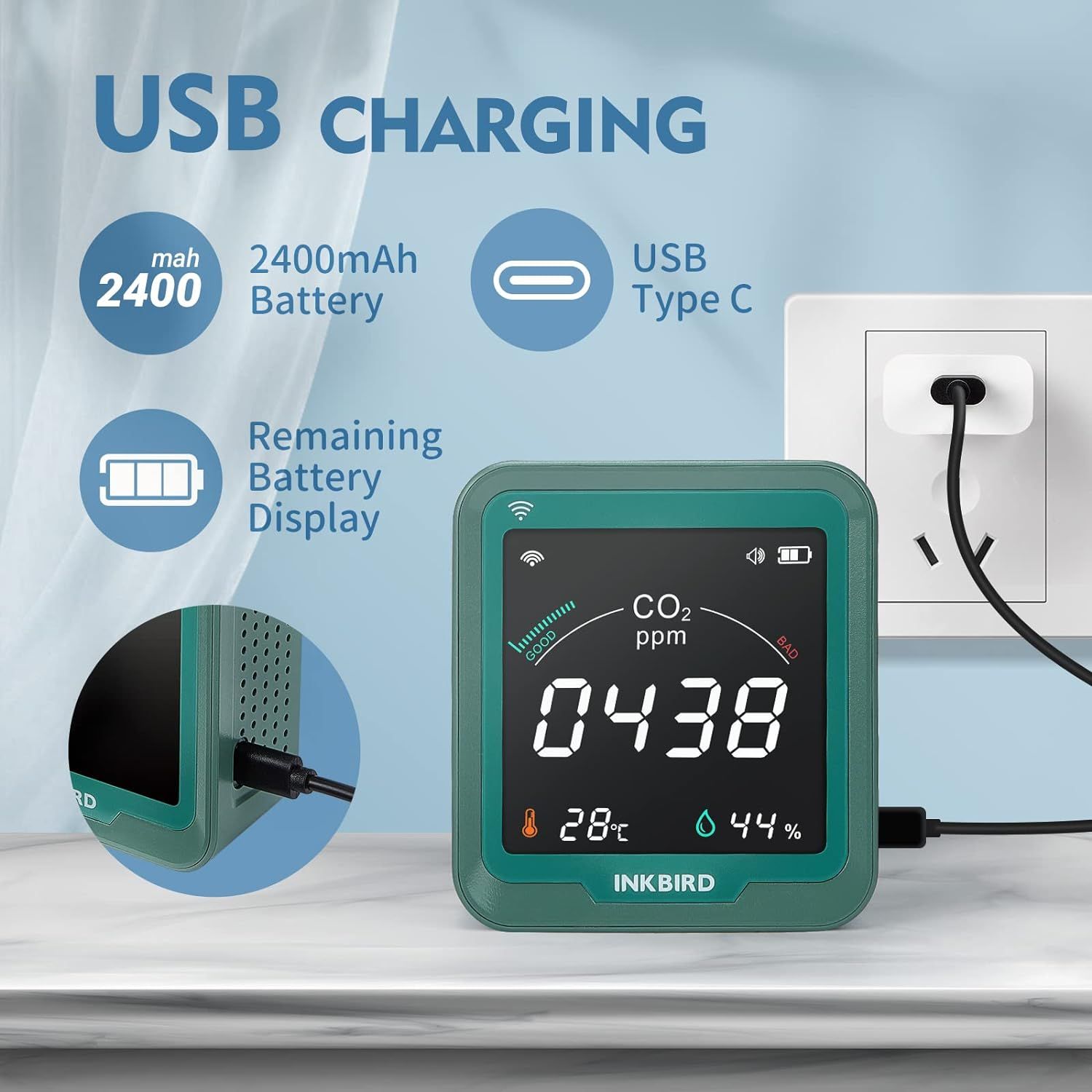 INKBIRD INK-CO2W WIFI CO2 Monitor, 3 in 1 Indoor Air Quality Detector, Carbon Dioxide Meter ...