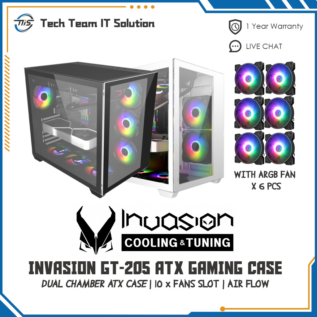 INVASION GT-205 ATX TEMPERED GLASS GAMING CASE (WITH 6 ARGB FANS) BLACK ...