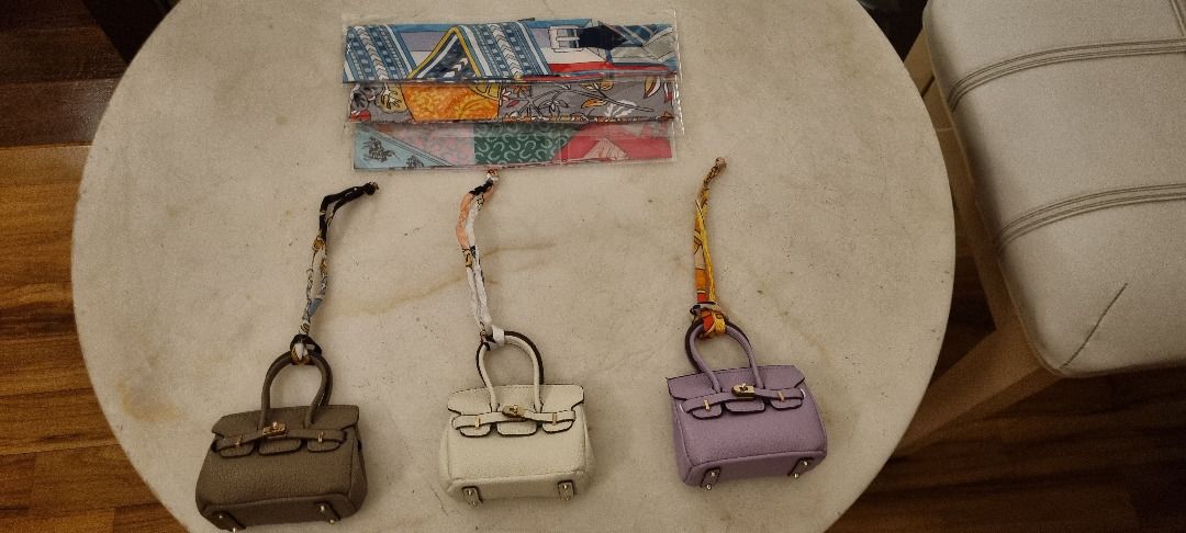 Mini Hermes Birkin bag charm (imitation) with scarfs, Women's Fashion ...