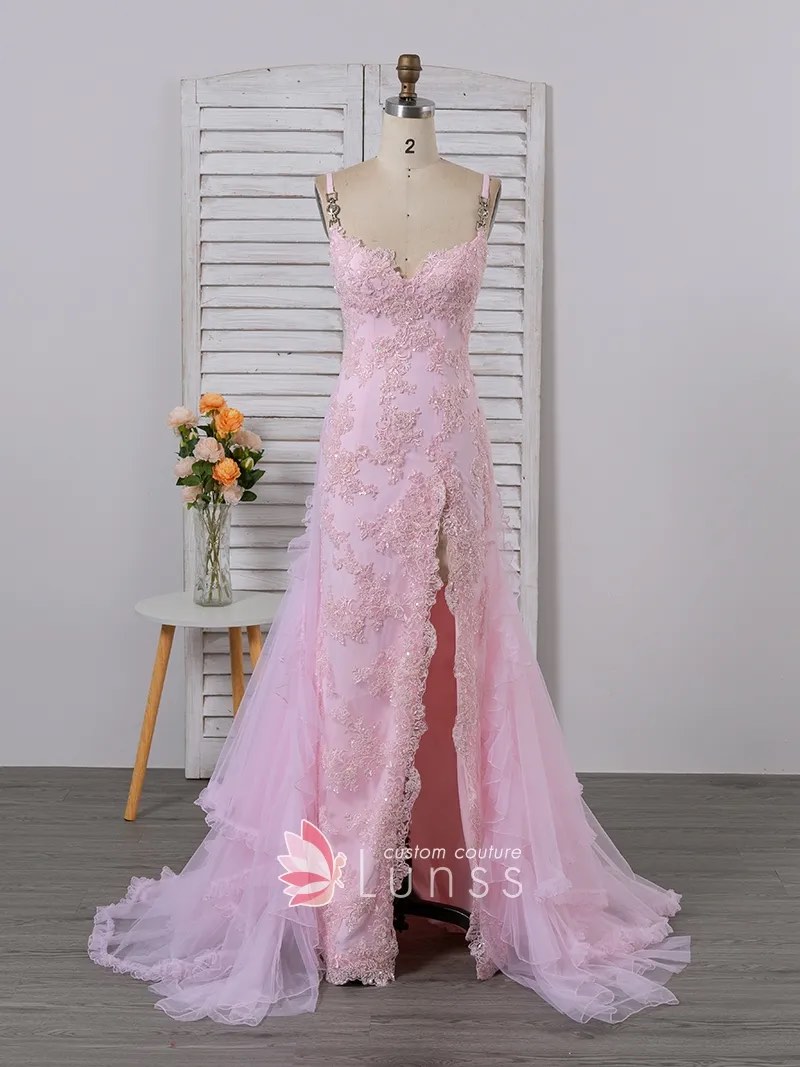 Pink Scalloped Lace Slit Evening Gown with Train, Inspired by Lily James Oscar 2022 Atelier ...