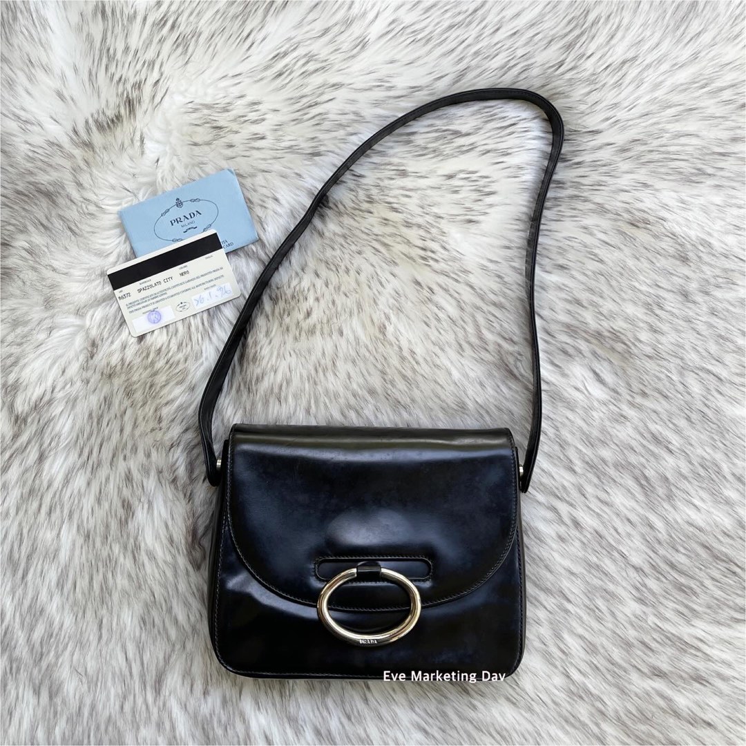 Prada Vintage Black Patent Leather Small Ring-Lock Flap Shoulder Bag ...
