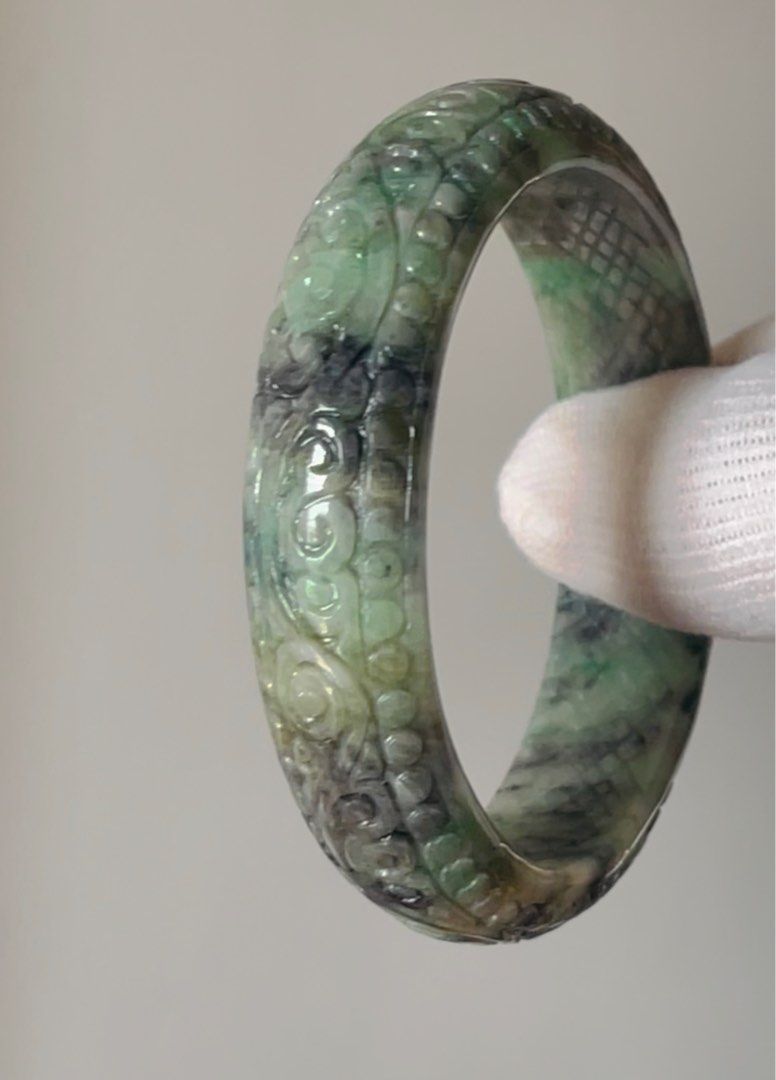 Rare piece of green base flower carving jade bangle - 56.5mm, Women's ...
