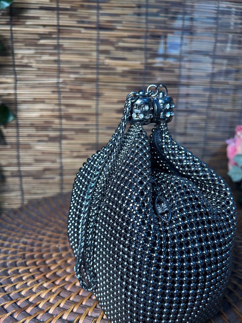 SOLID METAL Vintage Neiman Marcus Gun Metal Beaded Mesh Purse Mother of ...