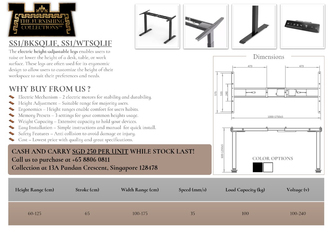 SS1/BKSQLIF, SS1/WTSQLIF Electric Desk Lifters, Furniture & Home Living ...