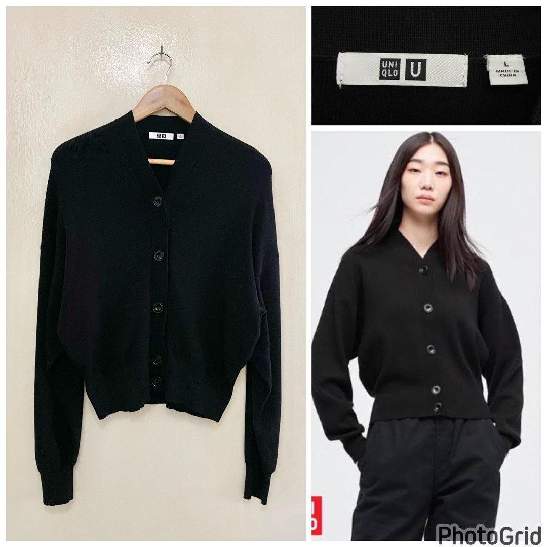 Uniqlo U black knit big buttons ribbed sweater jacket, Women's Fashion ...