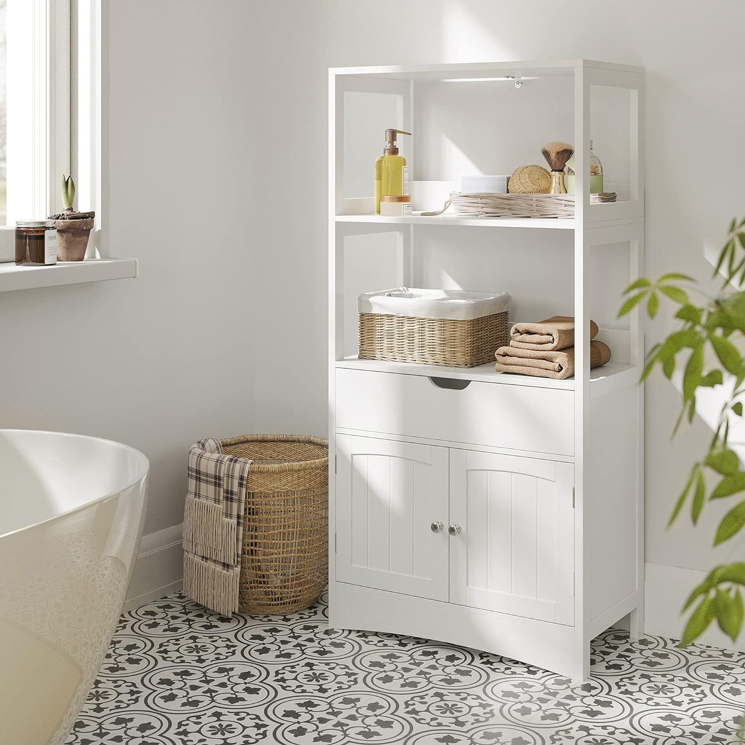 VASAGLE Bathroom Storage Cabinet with Drawer, 2 Open Shelves and Door ...