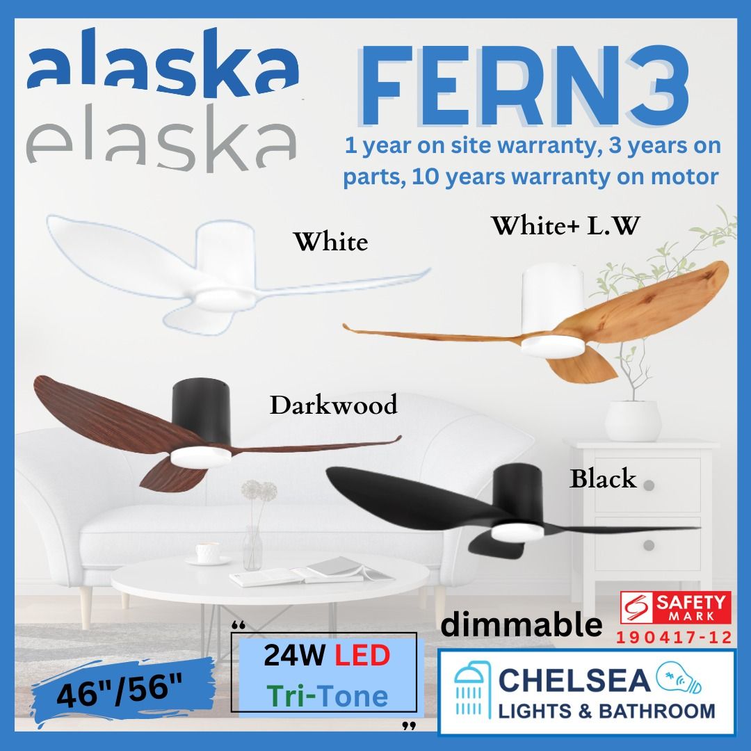 Alaska ASPEN3 Hugger 38/50in DC Ceiling Fan with Samsung 20W Tri-Colour ...