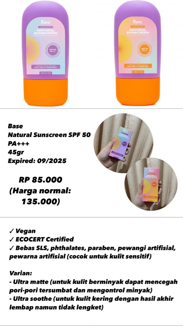Base Natural Sunscreen SPF 50 PA+++ Ultra Matte & Ultra Soothe ...