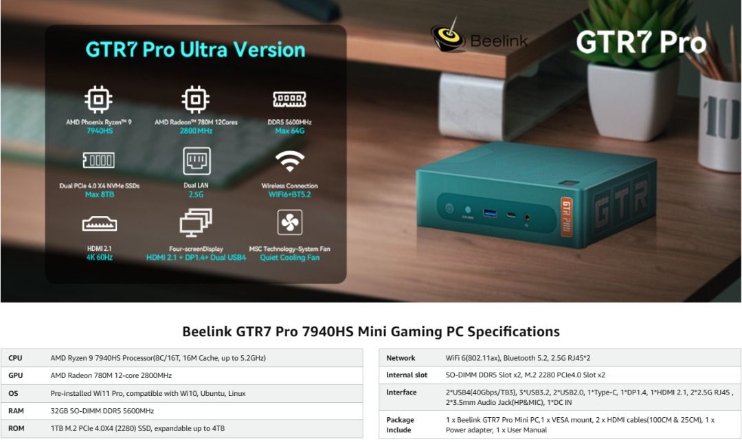 Beelink GTR7 Pro Mini PC, AMD Ryzen 9 7940HS(8C/16T up to 5.2GHz), AMD ...
