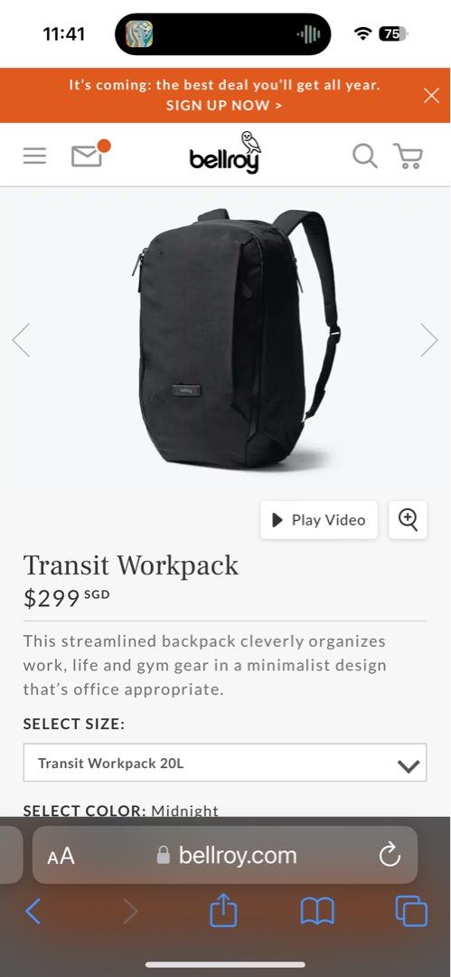 Bellroy transit work pack 20L, Men's Fashion, Bags, Backpacks on Carousell