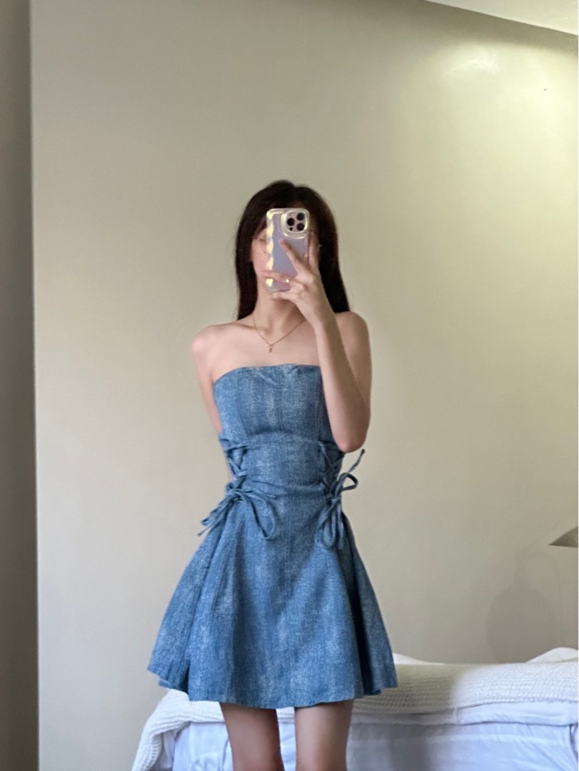 Denim Mini Dress With Side Ribbons, Women's Fashion, Dresses & Sets ...
