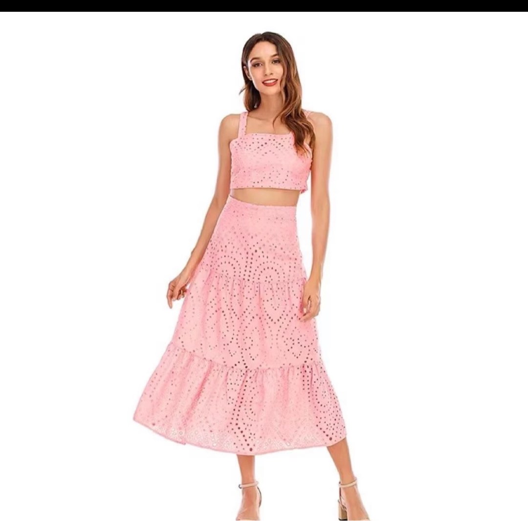 Pink Eyelet coordinates / terno skirt and top, Women's Fashion, Dresses ...