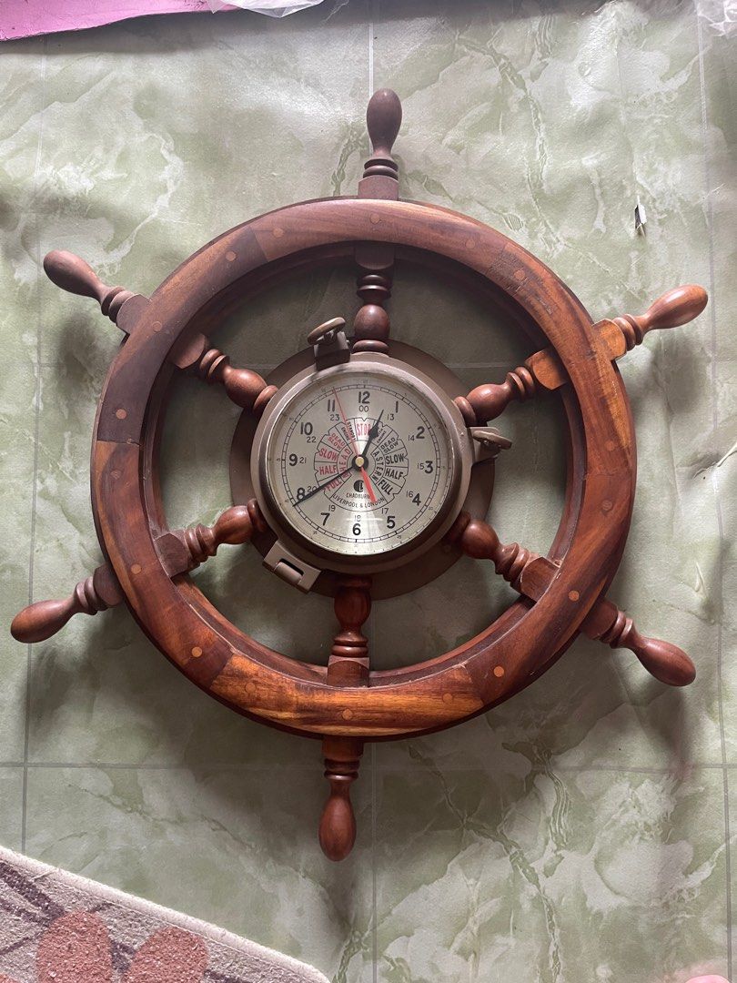 Ship steering wheel with clock in the middle, Furniture & Home Living ...