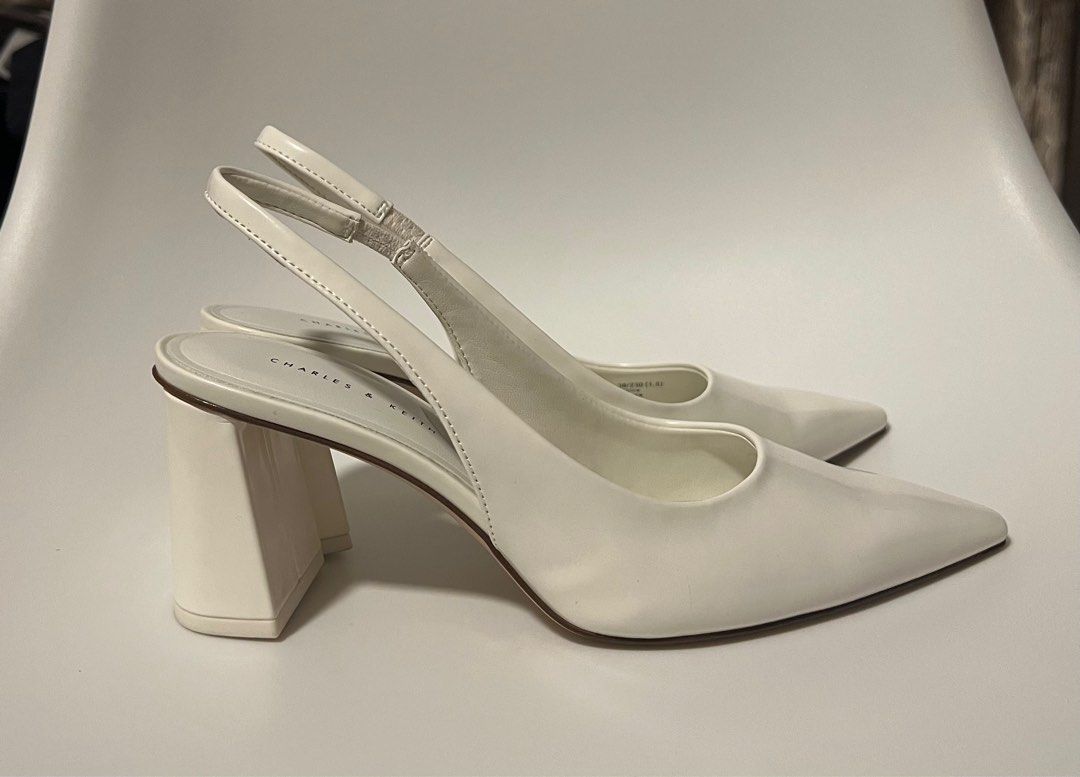 Trapeze Heel Slingback Pumps - White, Women's Fashion, Footwear, Heels ...