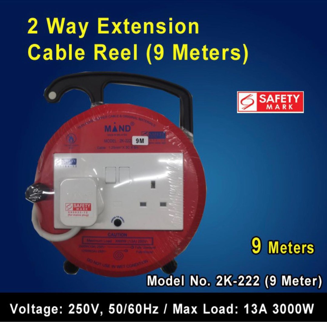 2 Way Extension Cable Reel (9 metres) Safety Mark, TV & Home Appliances ...