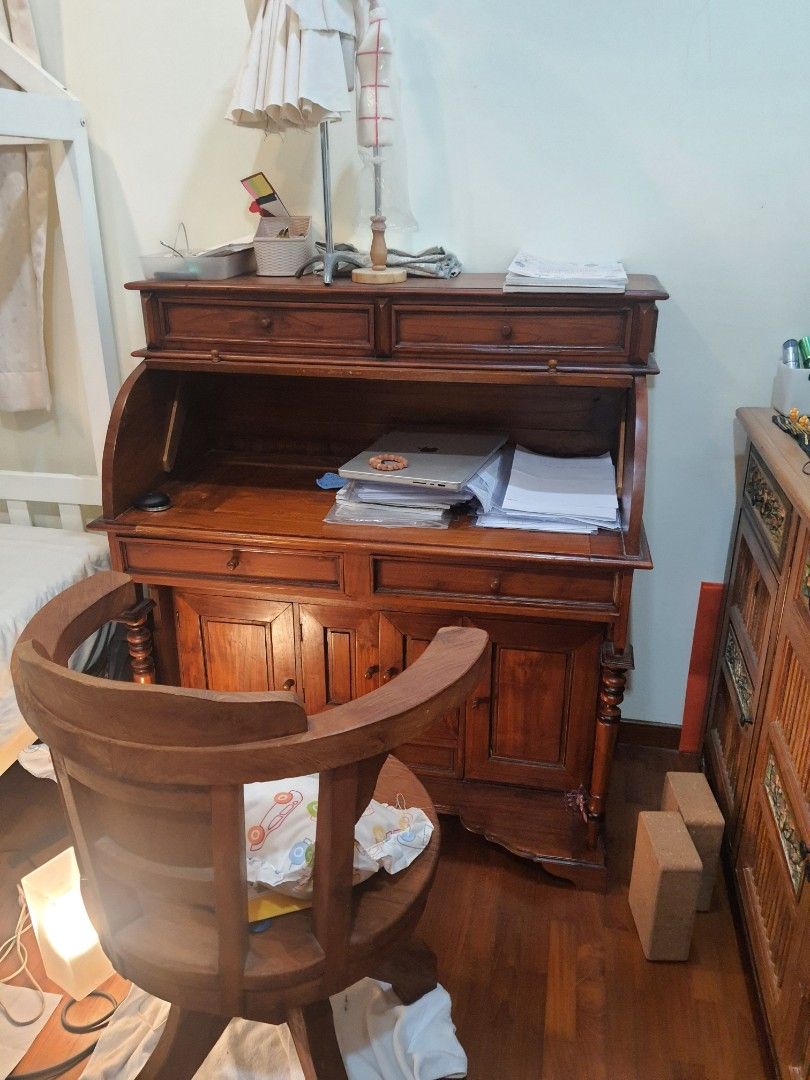 Antique teak wood study desk table, Furniture & Home Living, Furniture ...