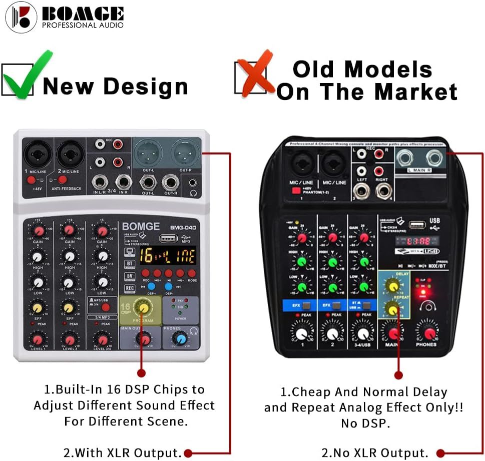 BOMGE Professional 4 Channel DJ Audio Sound Mixer Interface Mixing Console Desktop Karaoke with ...