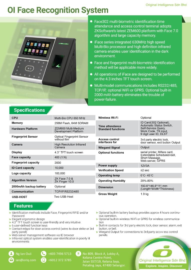 iFace 301 Face Time Attendance System, Computers & Tech, Office ...