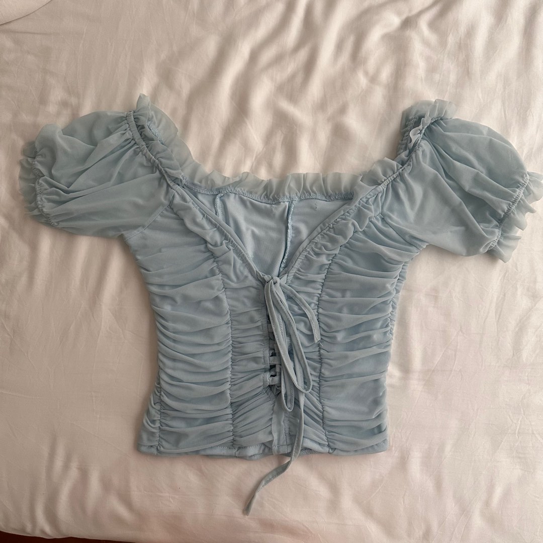 Light blue ruched top, Women's Fashion, Tops, Blouses on Carousell