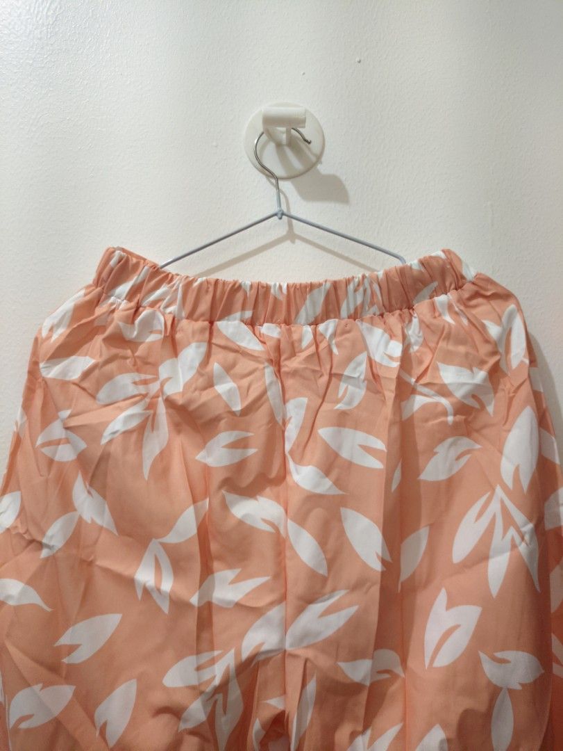 PEACH WITH WHITE LEAVES DESIGN WIDELEG TROUSER GARTERIZED BACK, Women's ...