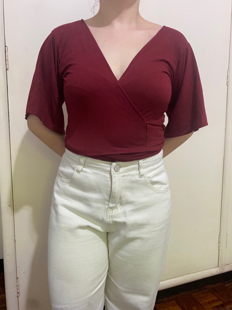 Red Wrap Around Top, Women's Fashion, Tops, Blouses on Carousell