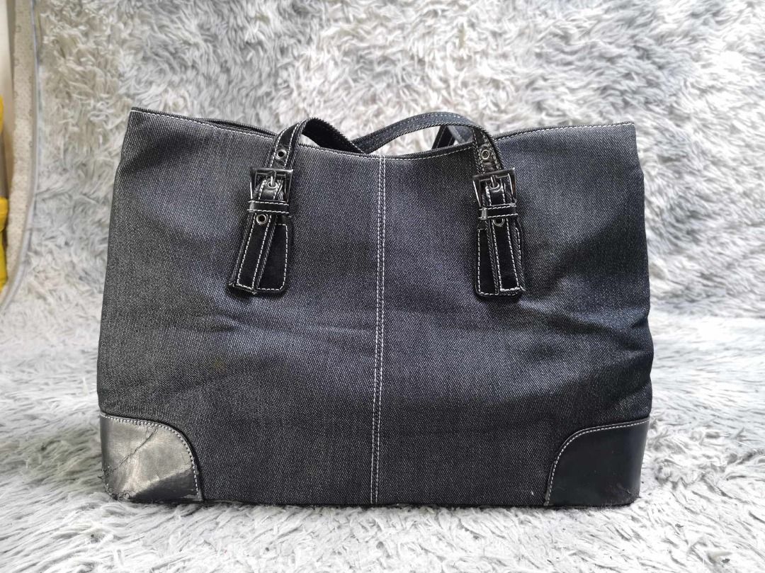 Theoria Black Denim Leather Tote Bag on Carousell
