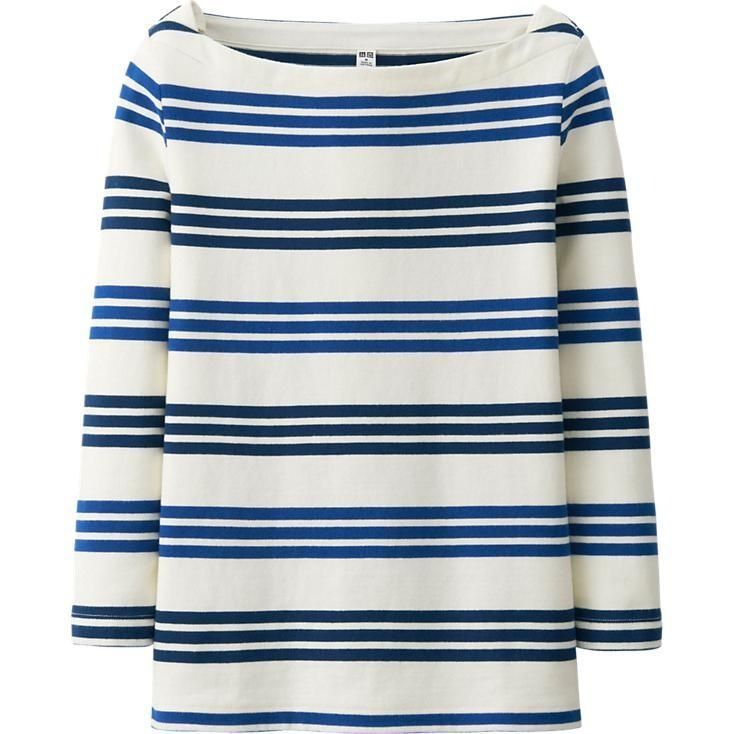 UNIQLO blue striped boatneck 3/4 sleeves classic style supima cotton ...