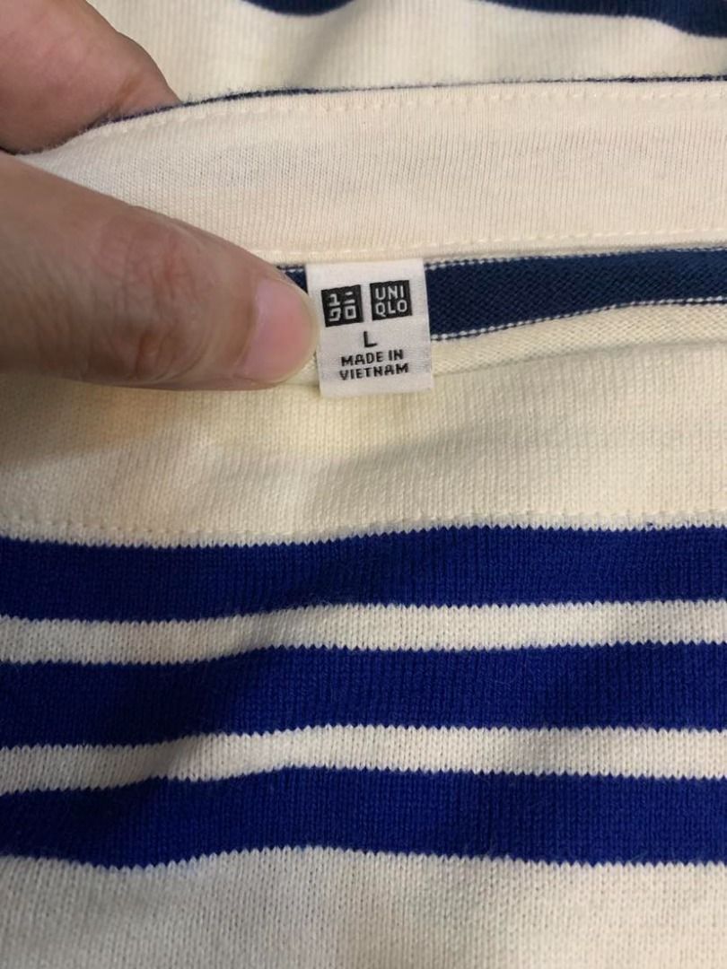 UNIQLO blue striped boatneck 3/4 sleeves classic style supima cotton ...