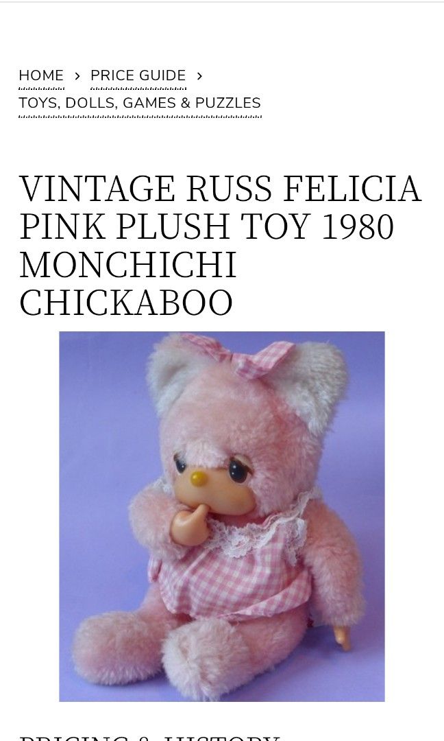 VINTAGE 1980 RUSS FELICIA CAT MONCHICHI CHIKABOO PUSH TOY, Hobbies ...