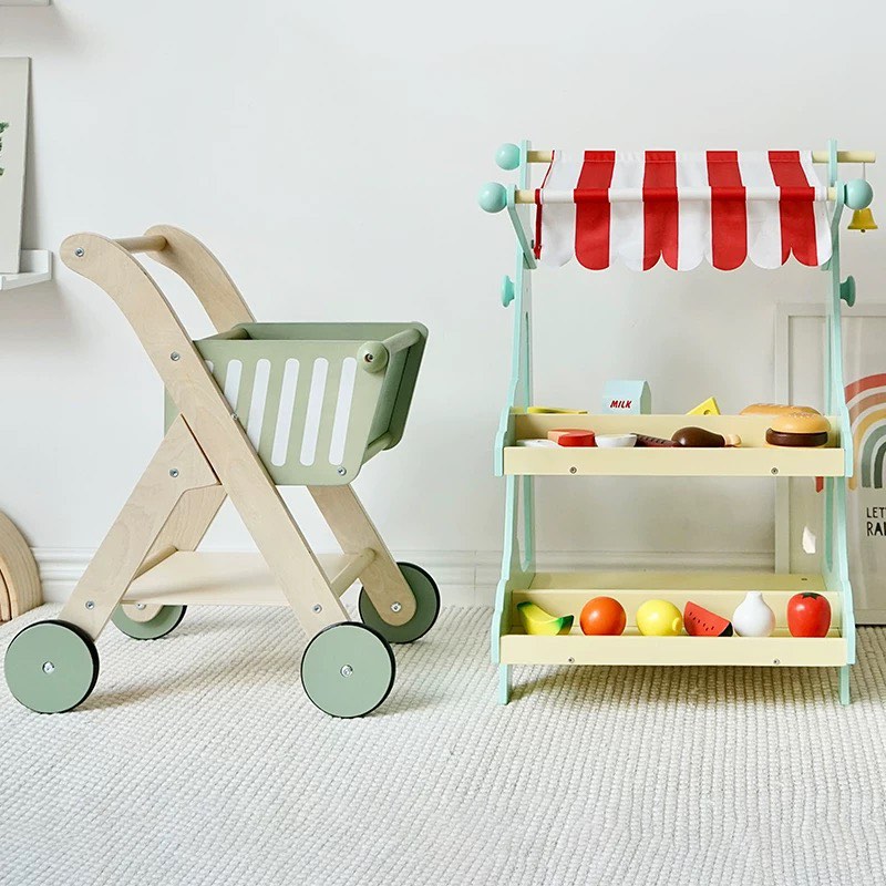 Wooden Market Stand and Shopping Trolley Toy, Hobbies & Toys, Toys ...