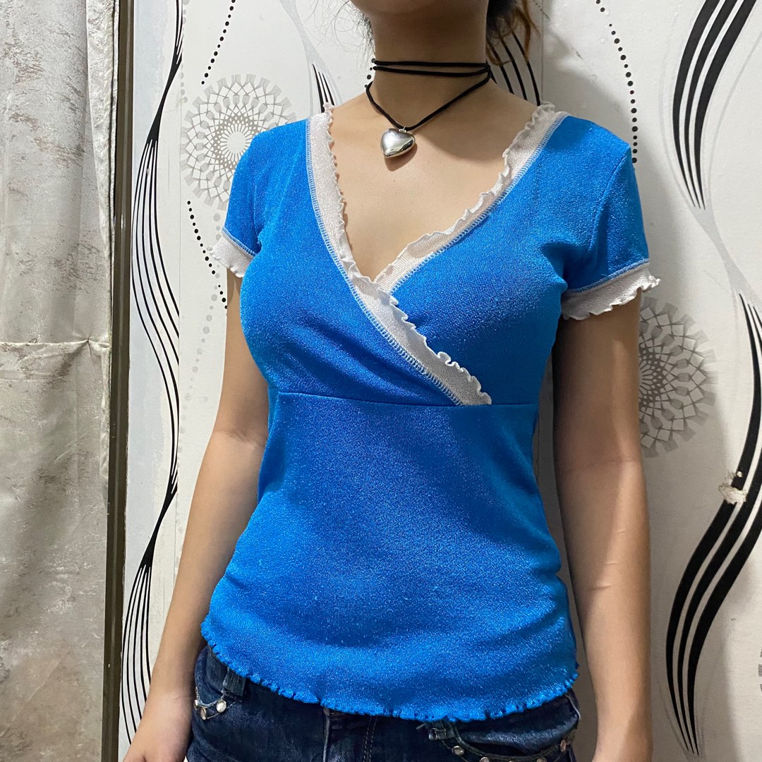 Y2k Preppy Wrapped Blue Lettuce Top, Women's Fashion, Tops, Blouses on ...
