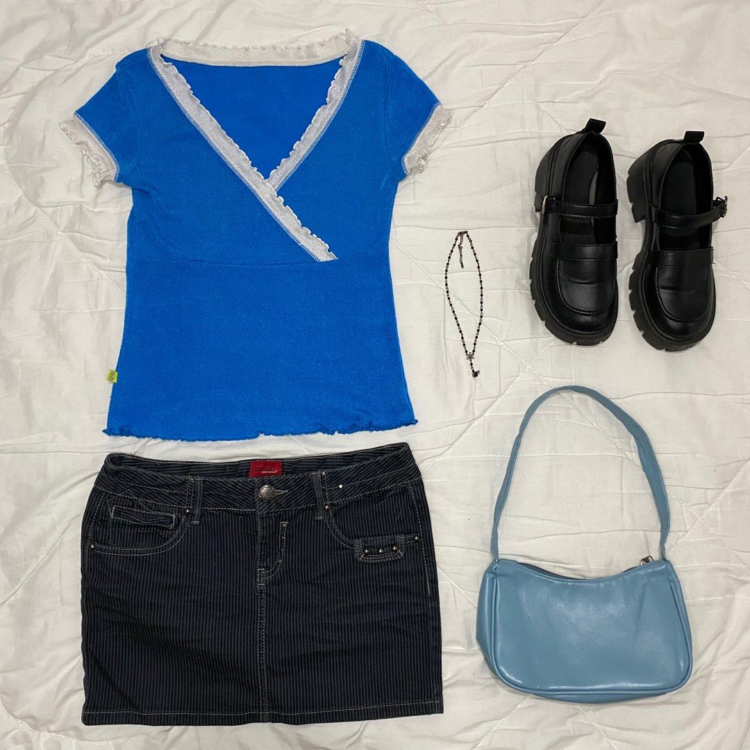 Y2k Preppy Wrapped Blue Lettuce Top, Women's Fashion, Tops, Blouses on ...