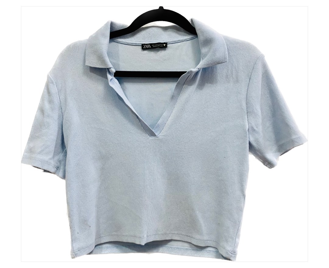 Zara blue polo shirt crop top, Women's Fashion, Tops, Blouses on Carousell