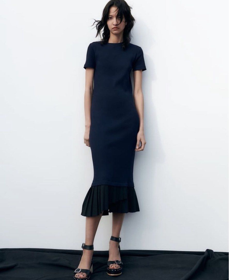 Zara Pleated Navy Blue Dress, Women's Fashion, Dresses & Sets, Dresses ...