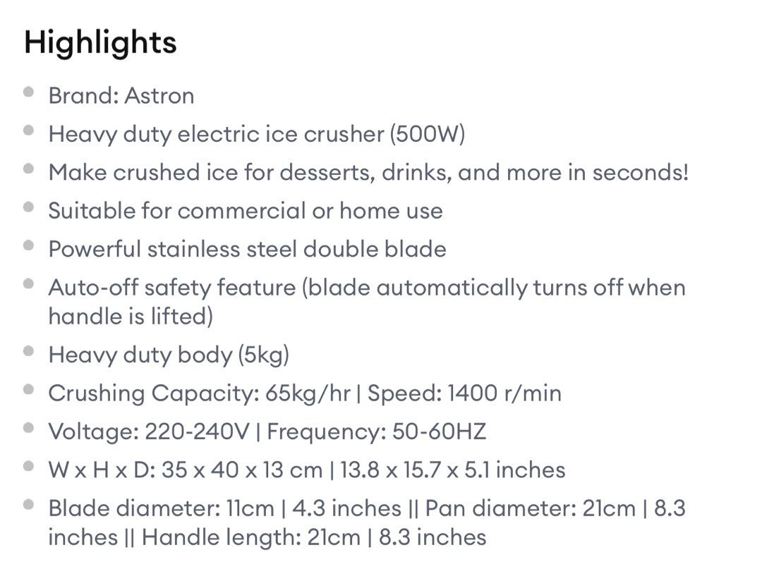 Astron Turbo Ice Crusher Double Blade 500 watts, Commercial ...